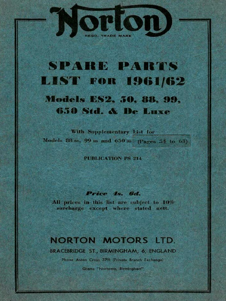 Norton Motorcycle Parts List Manual 1961-62 | PDF | Motorcycling