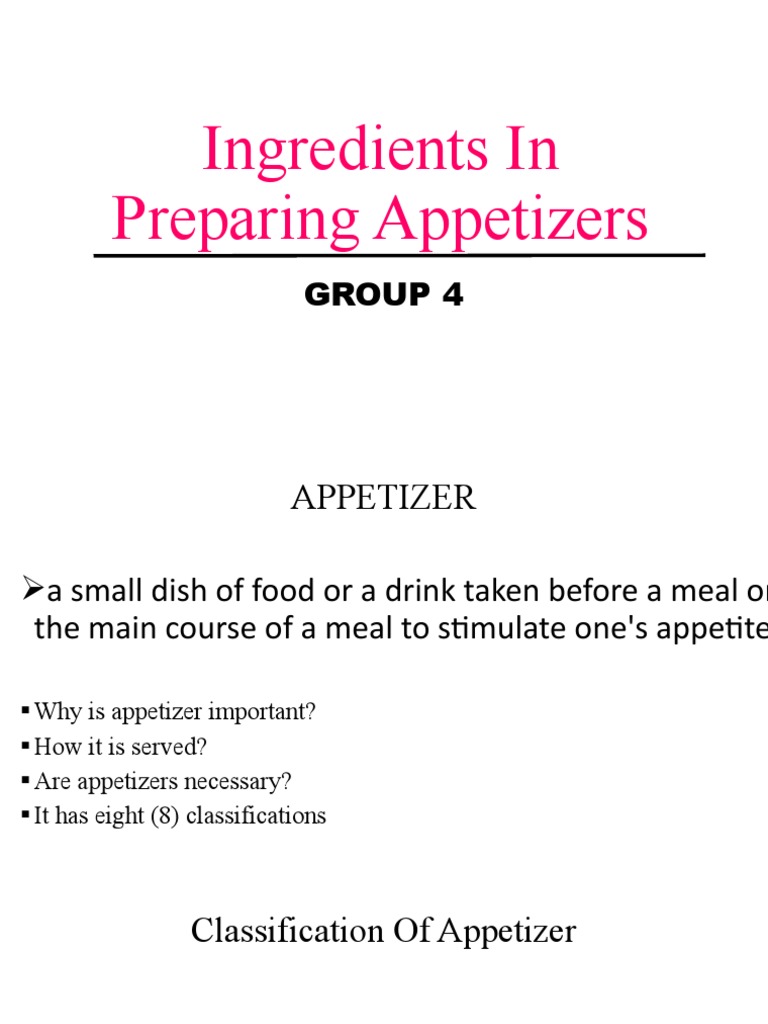 Appetizer Classification and Ingredients | PDF | Hors D'oeuvre | Pickling