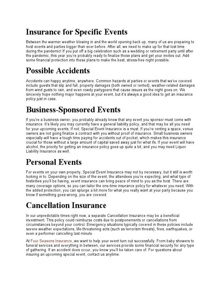 Insurance For Specific Events | PDF | Insurance | Financial Services