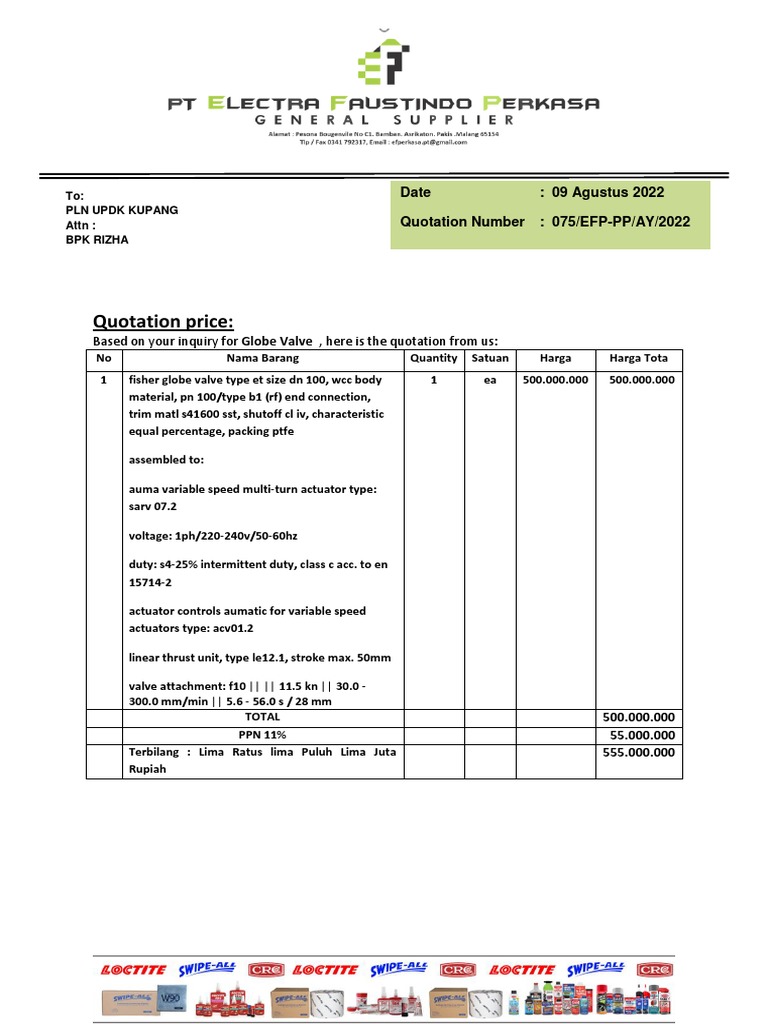 Globe Valve Quotation for PLN KUPANG | PDF