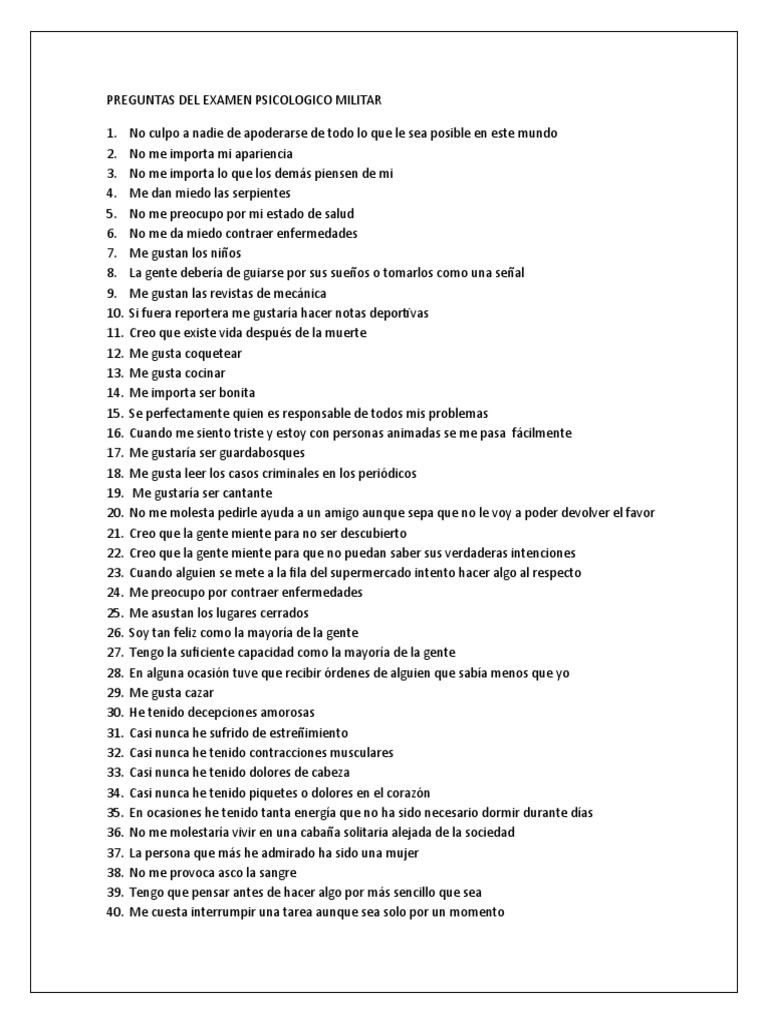 Preguntas Del Examen Psicologico Militar | PDF