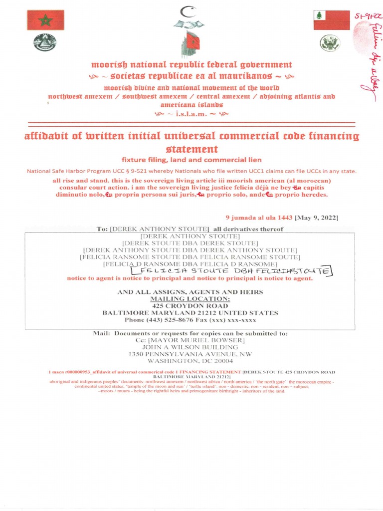 Affidavit of Written Initial Universal Commercial Code Financing Statement-Fixture Filing Land ...