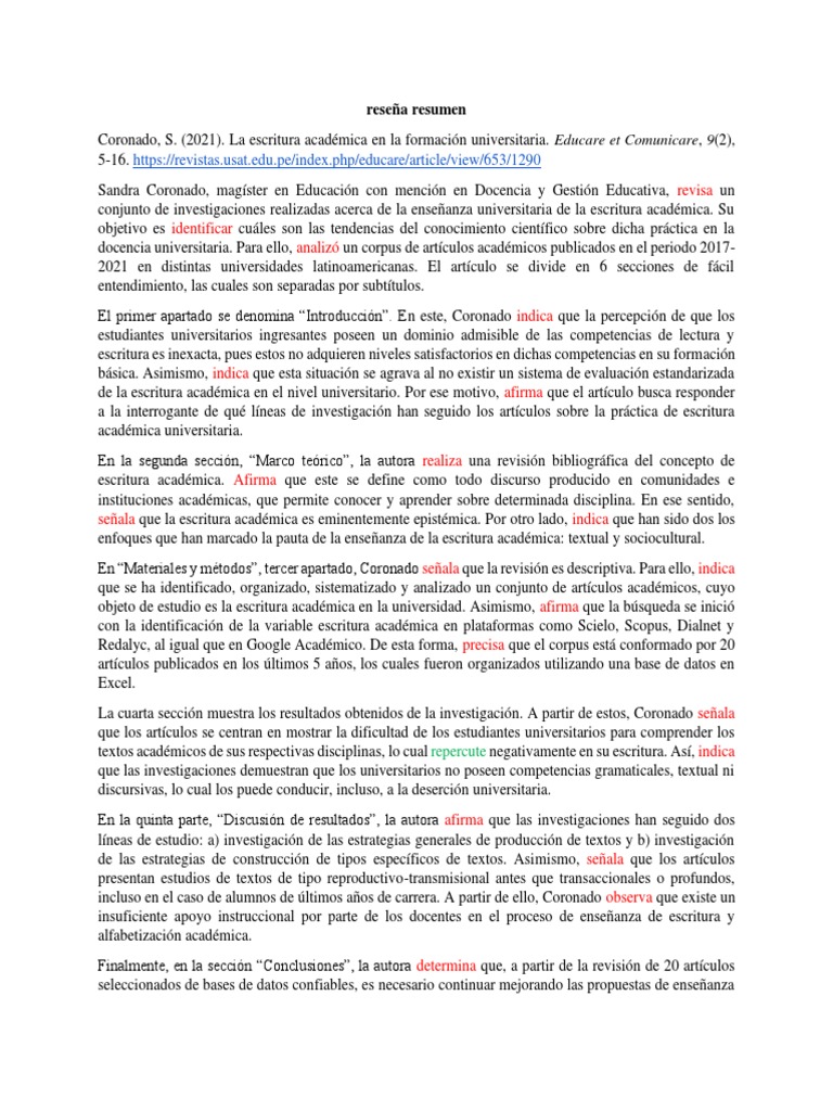 Reseña Resumen | PDF | Método de enseñanza | Escritura