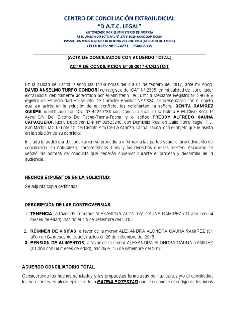 Acta 06 Benita | PDF | Pensión alimenticia | Resolución de conflictos
