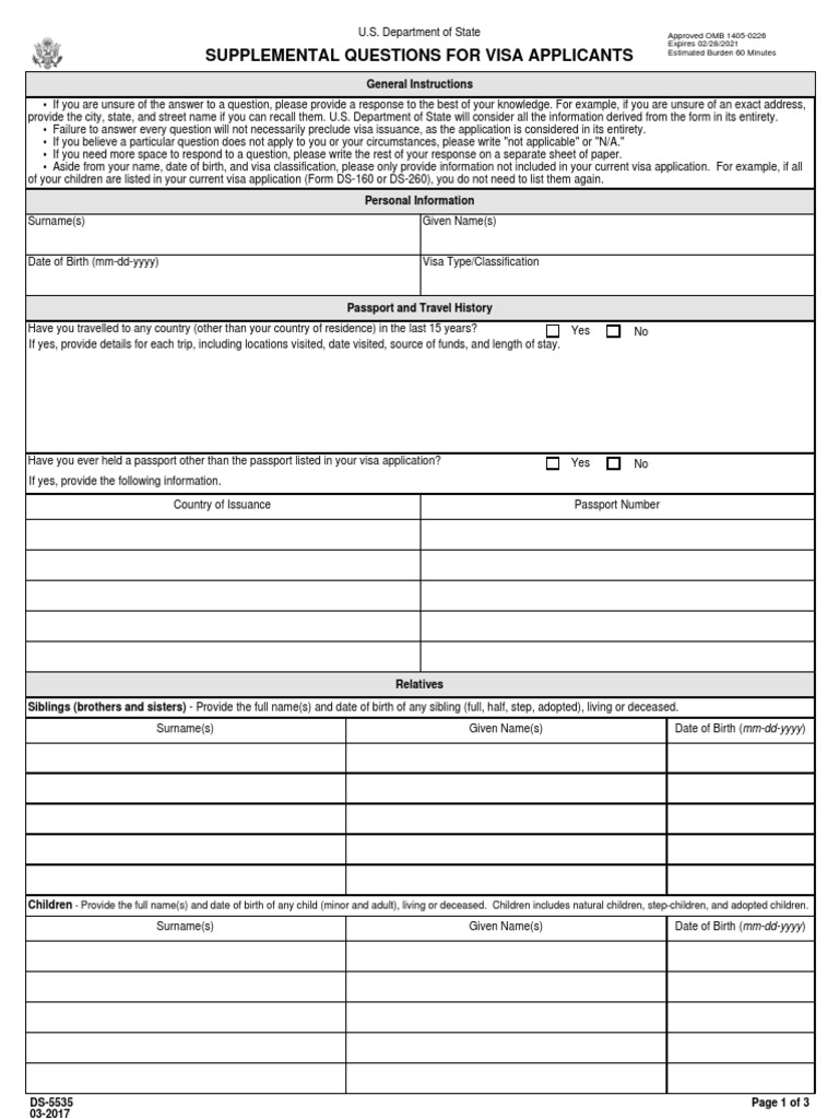 DS 5535 Supplemental Questions For Visa Applicants | PDF | Travel Visa ...