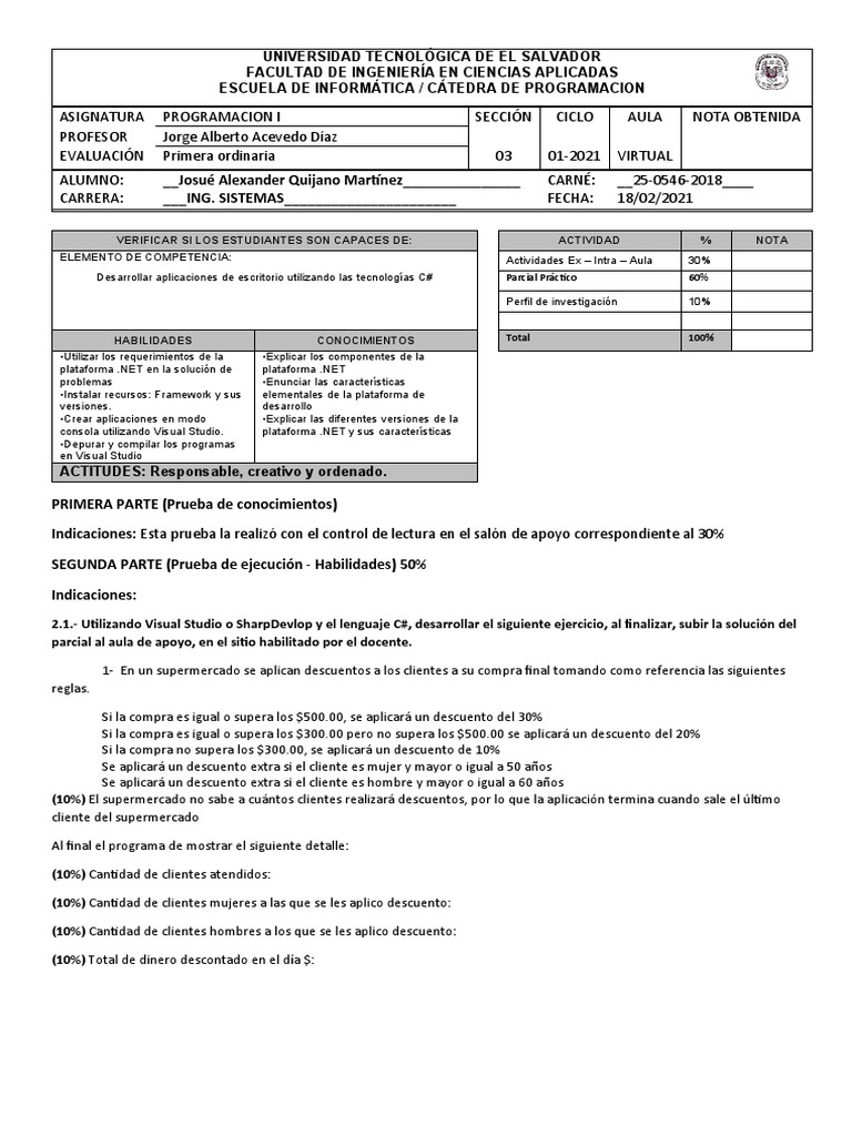 Parcial I Prog1 03 Ordinario | PDF | Microsoft Visual Studio | Informática