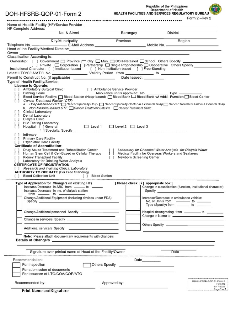 Doh HFSRB Qop01form 2 Rev2 6172022 | PDF | Clinic | Hospital
