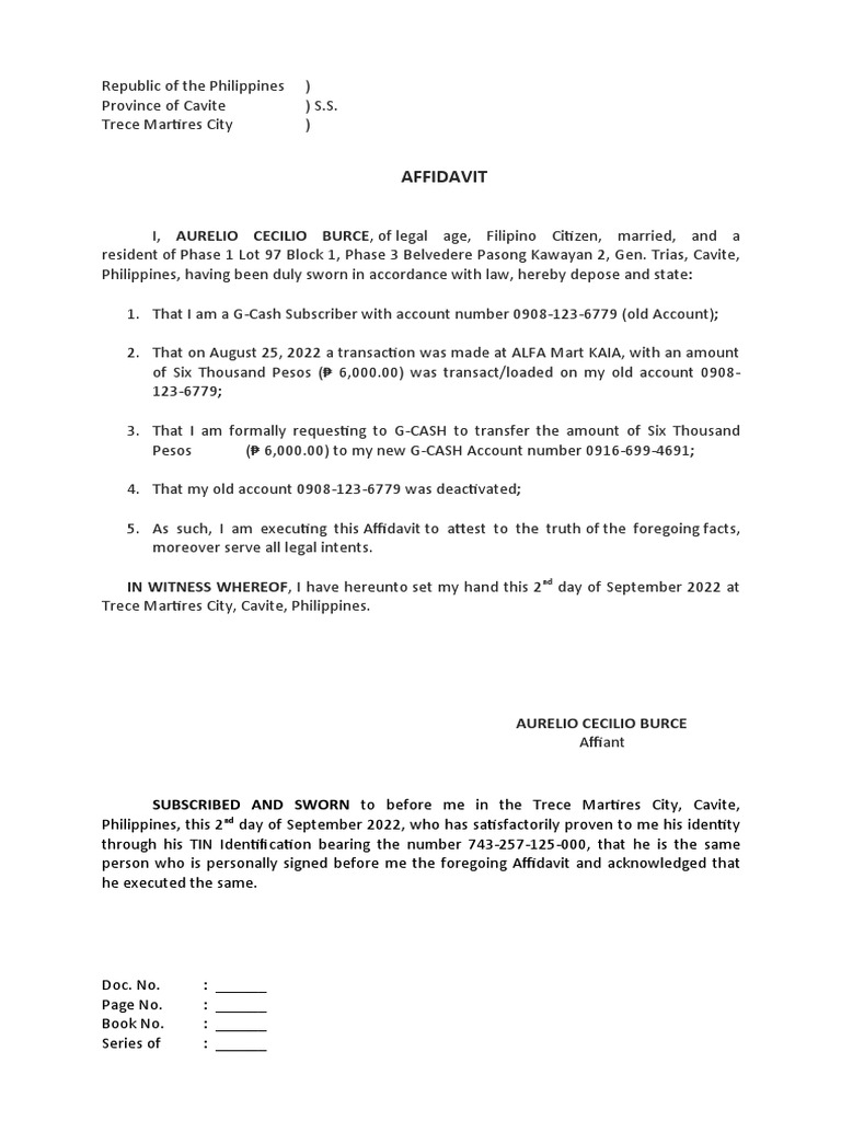 Affidavit for GCash Account Transfer | PDF