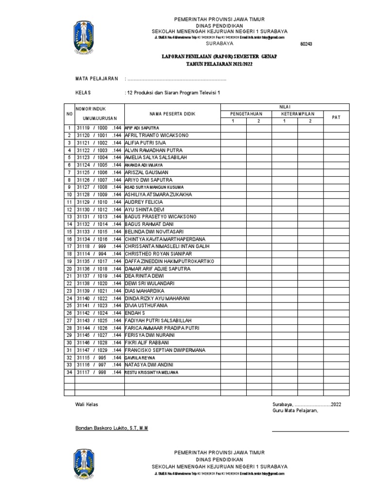 Nilai Rapor Genap Front Office Kelas Xii PH 2 | PDF
