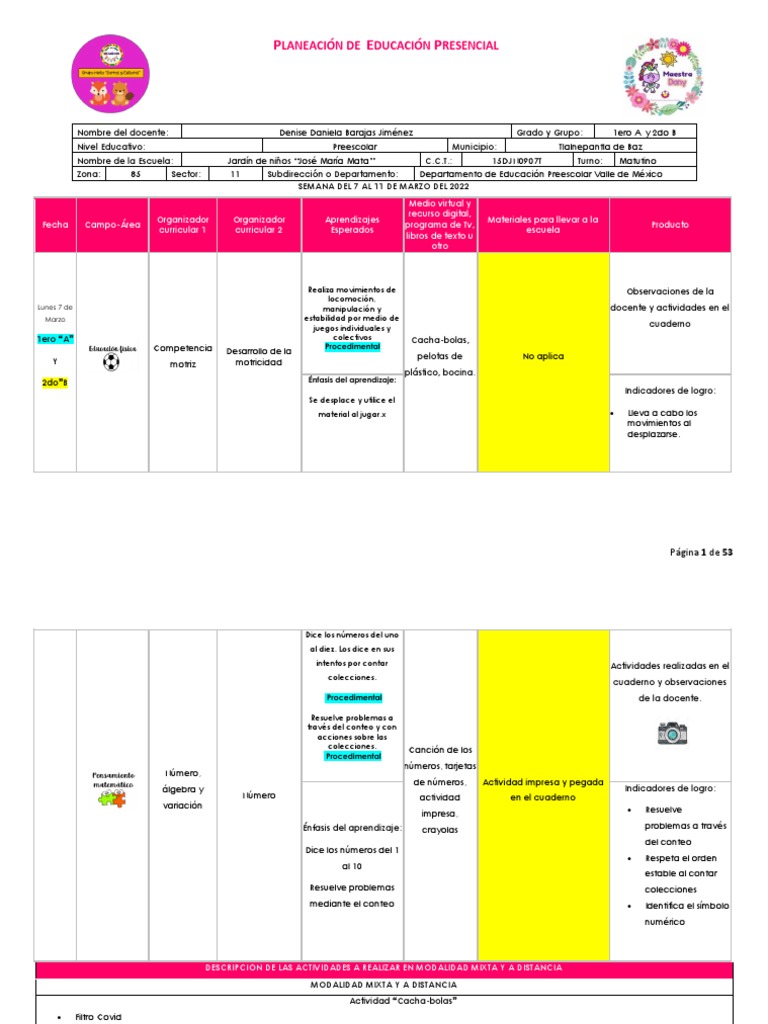 PLAN Del 8 Al 11 de Marzo Del 2022 Mixto | PDF | Educación de la primera infancia