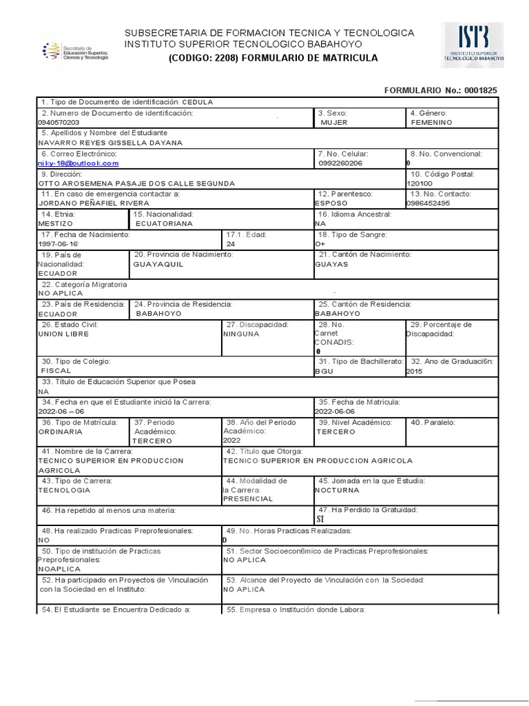 Formulario de Matricula | PDF | Ecuador