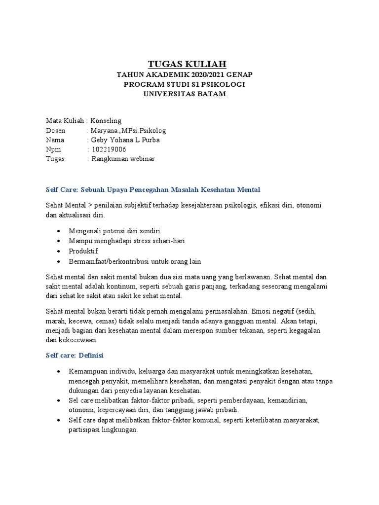 Webinar Self Care-Geby Yohana L Purba | PDF