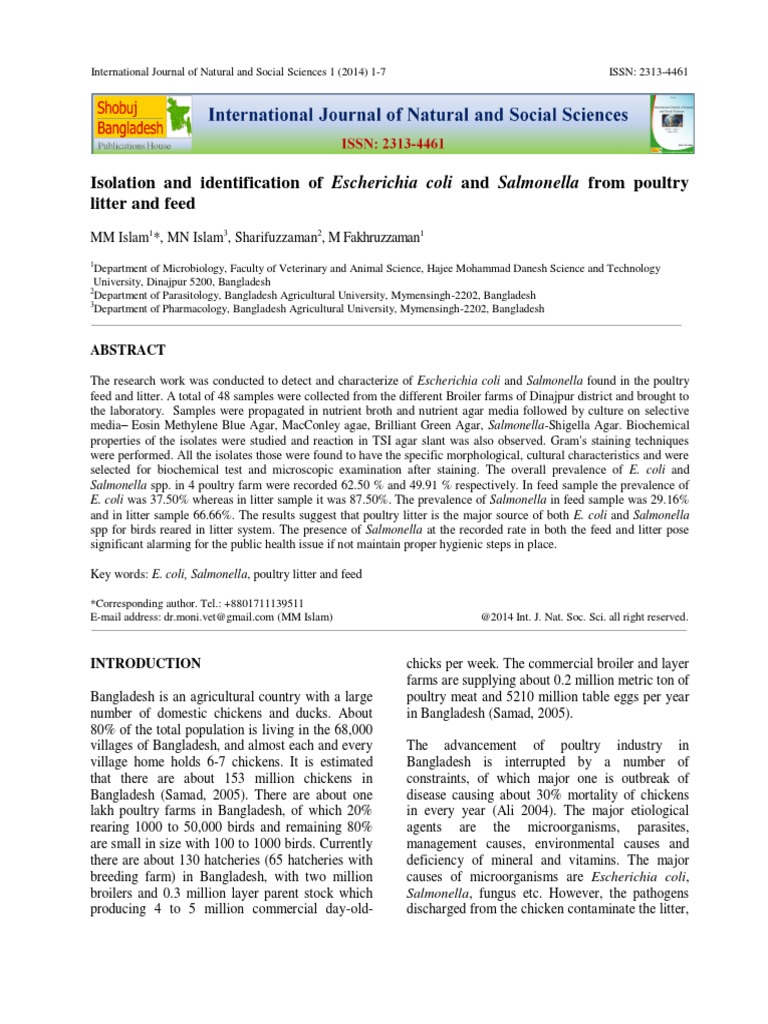 Isolation and Identification of Escherichia Coli and Salmonella From Poultry Litter and Feed ...