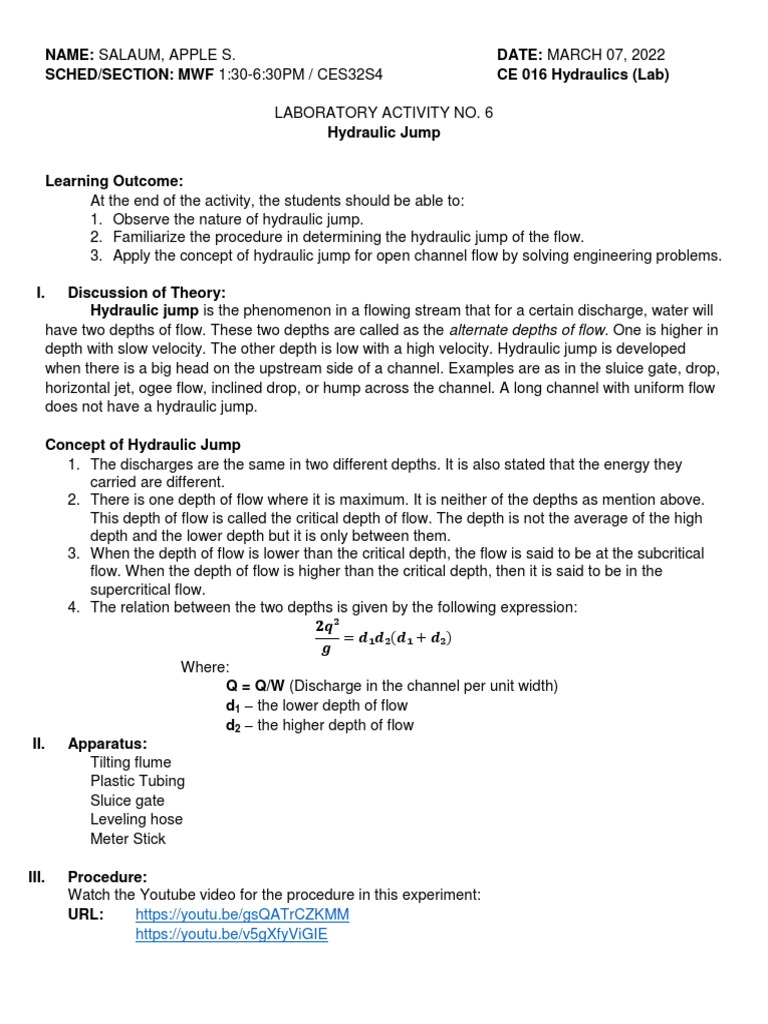 Hydraulic Jump Experiment Overview | PDF | Applied And ...