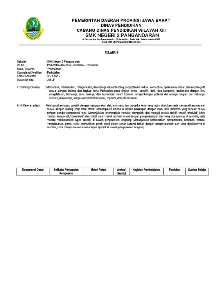 Silabus Front Office - kelasXII | PDF