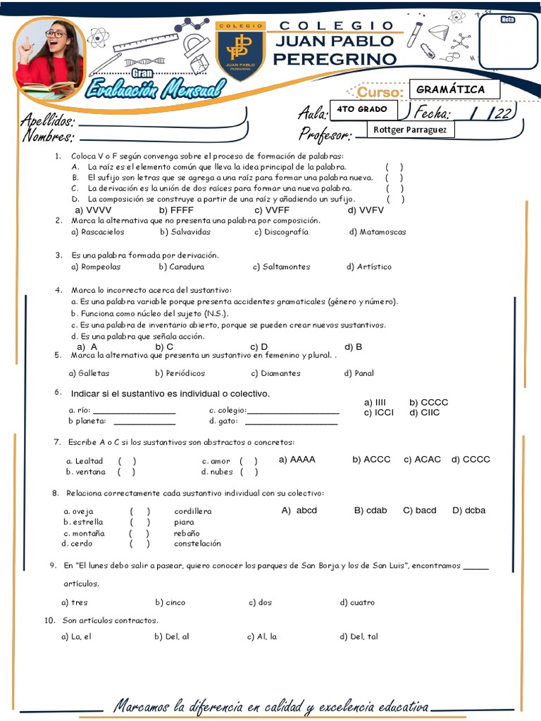Examen Mensual Gramática 4to Grado | PDF | Sustantivo | Palabra