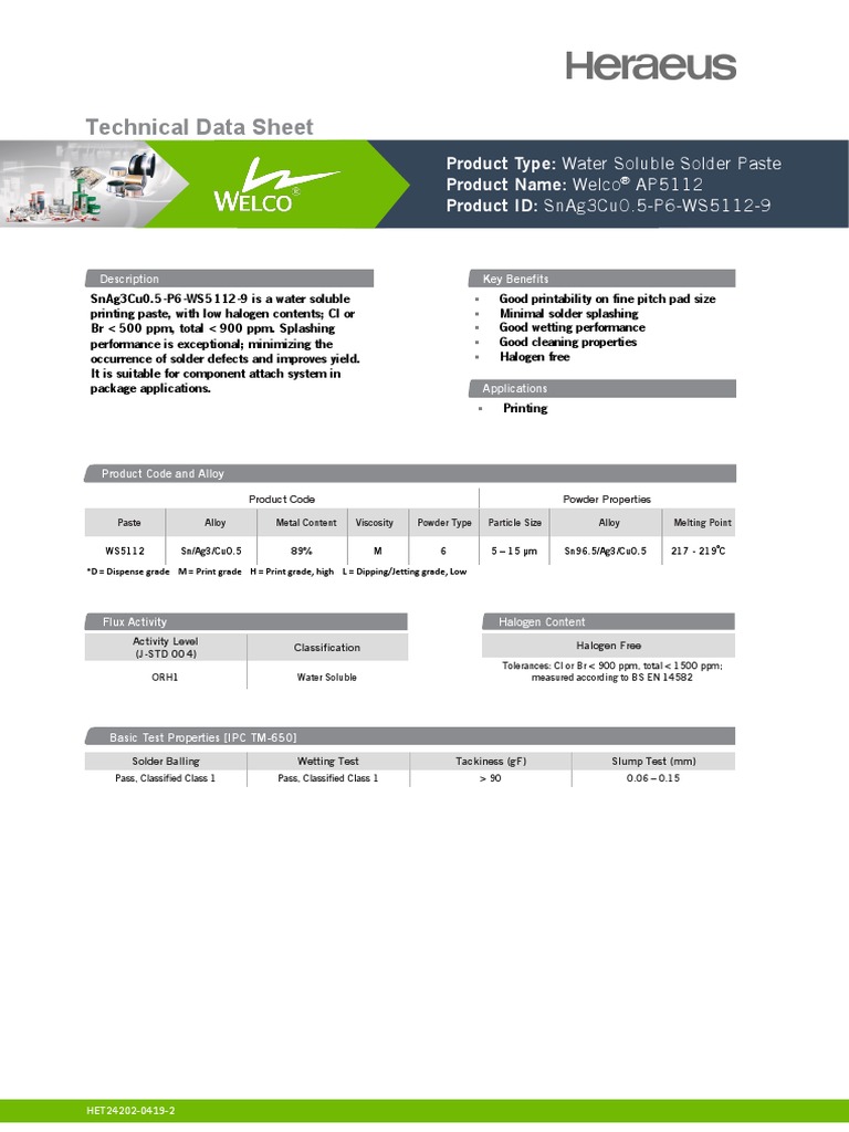TDS Solder Paste SnAg3Cu0.5-P6-WS5112-9 | PDF | Solder | Chemical ...