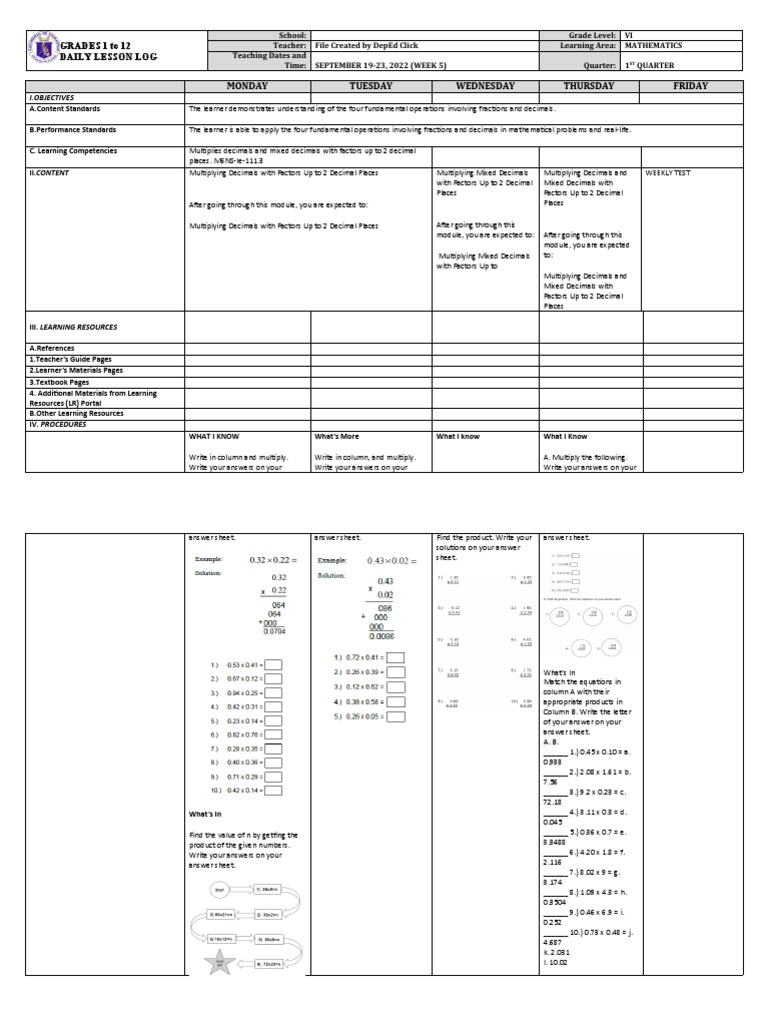 DLL - Mathematics 6 - Q1 - W5 | PDF | Multiplication | Numbers