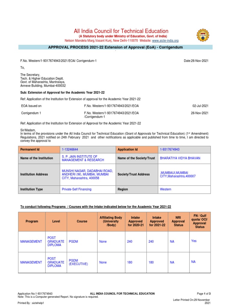 AICTE Approval 2021-2022 | PDF | Government