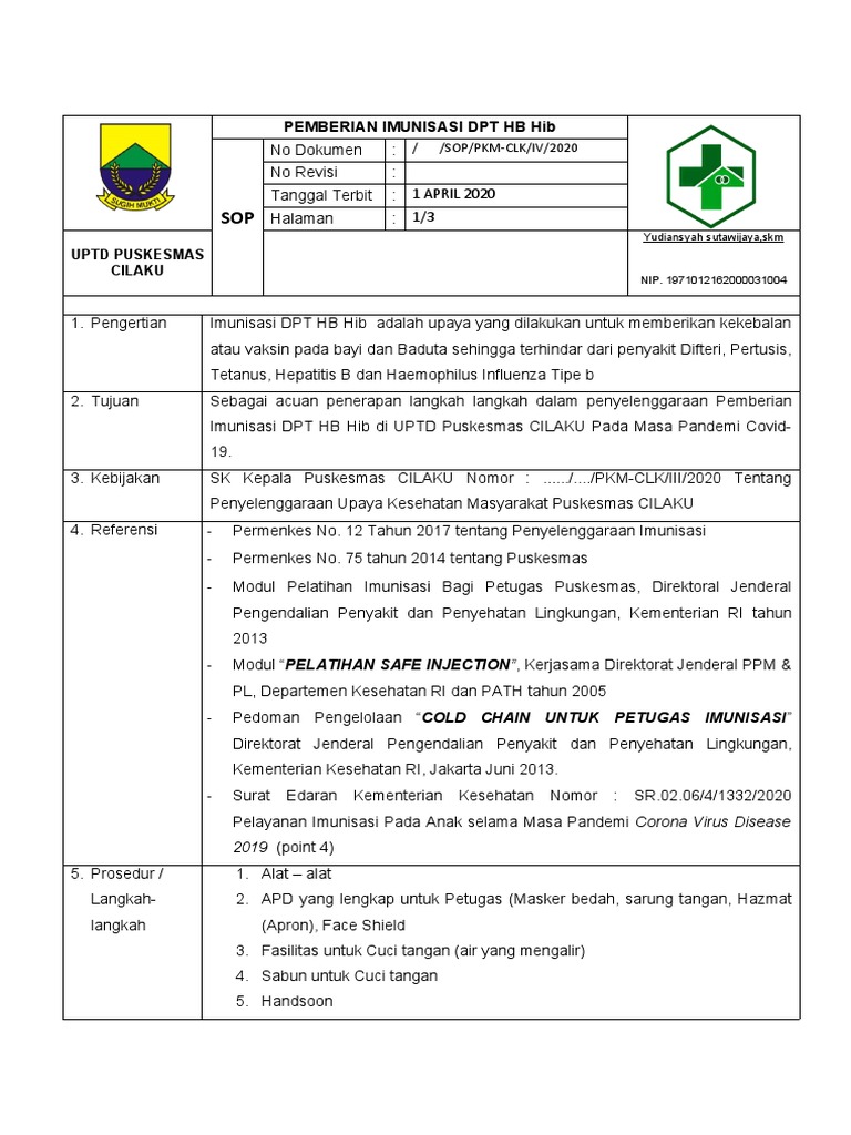 Sop Pemberian Imunisasi DPT HB Hib 2020 | PDF