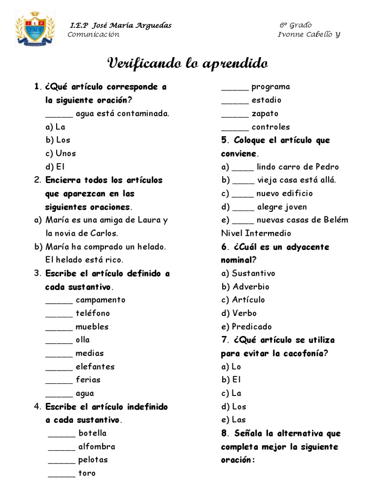 Ejercicios de Artículos para 6º Grado | PDF | Lingüística | Gramática