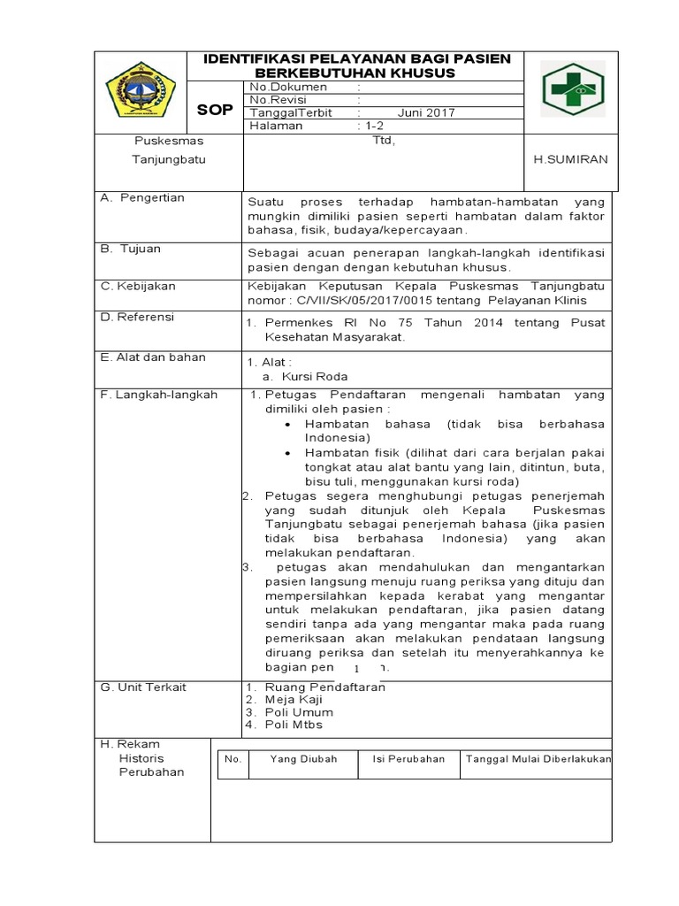 Sop Identifikasi Pelayanan Bagi Pasien Berkebutuhan Khusus | PDF