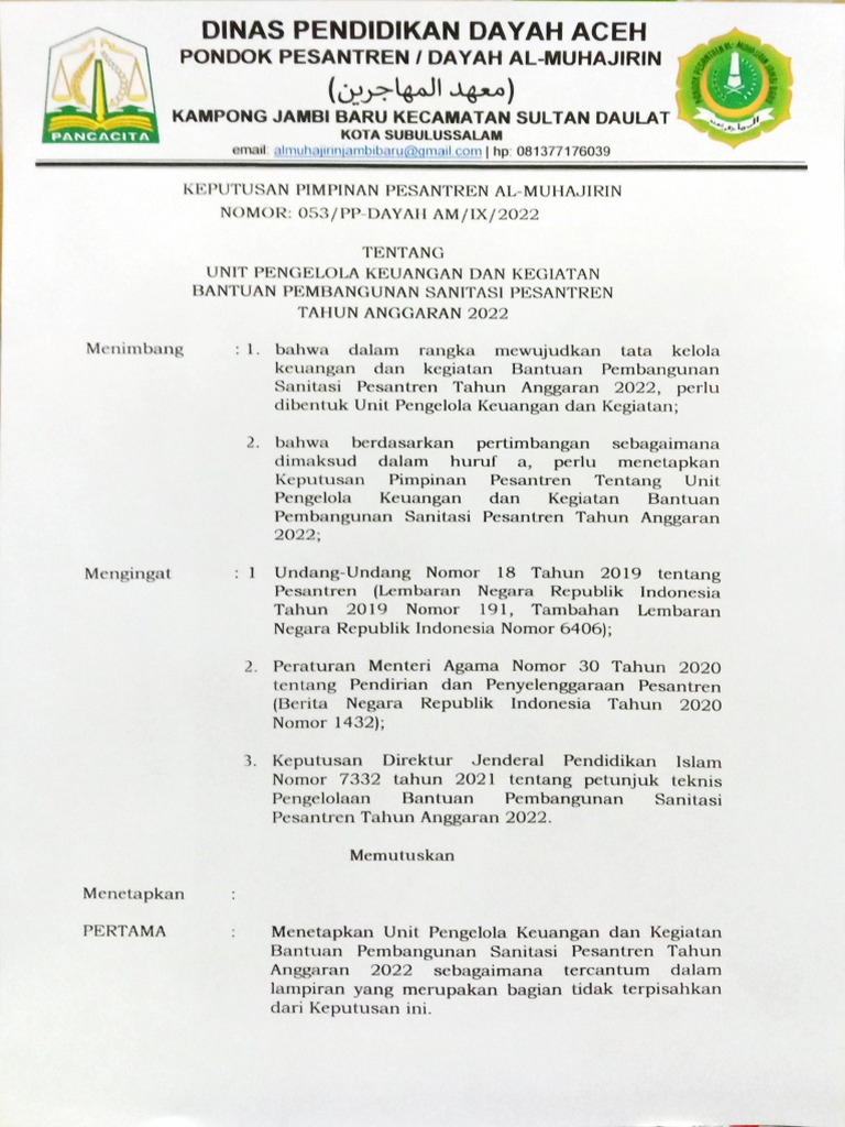 SK UPK2B Sanitasi Pesantren | PDF