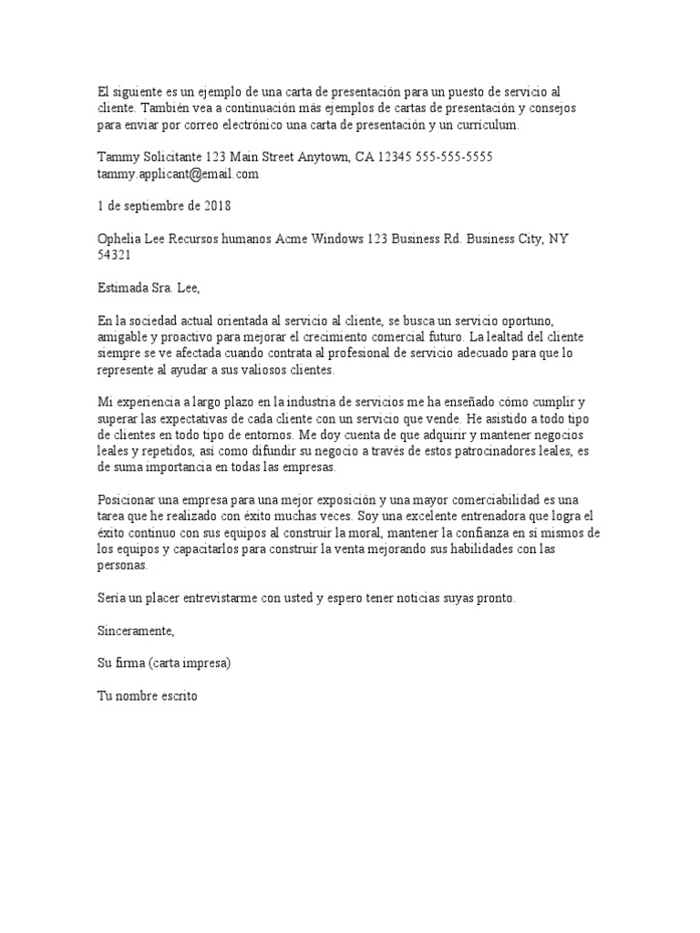 Ejemplo de Carta de Presentación de Servicio Al Cliente | PDF