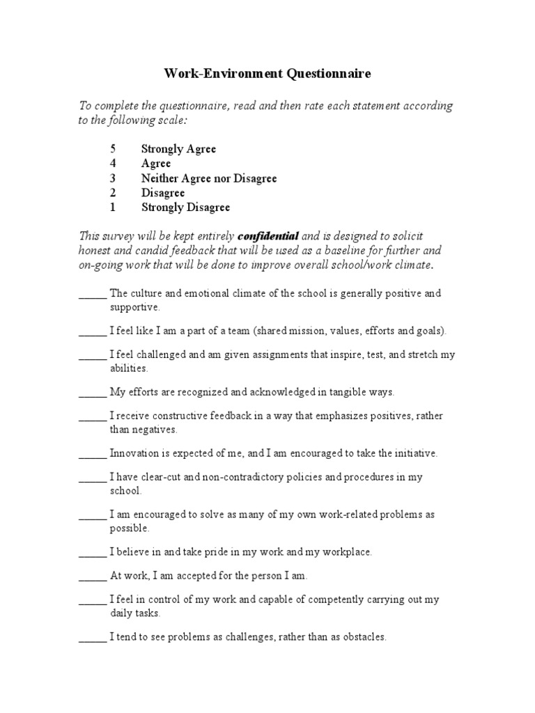 Work Environment Questionnaire | PDF | Thought | Behavior Modification