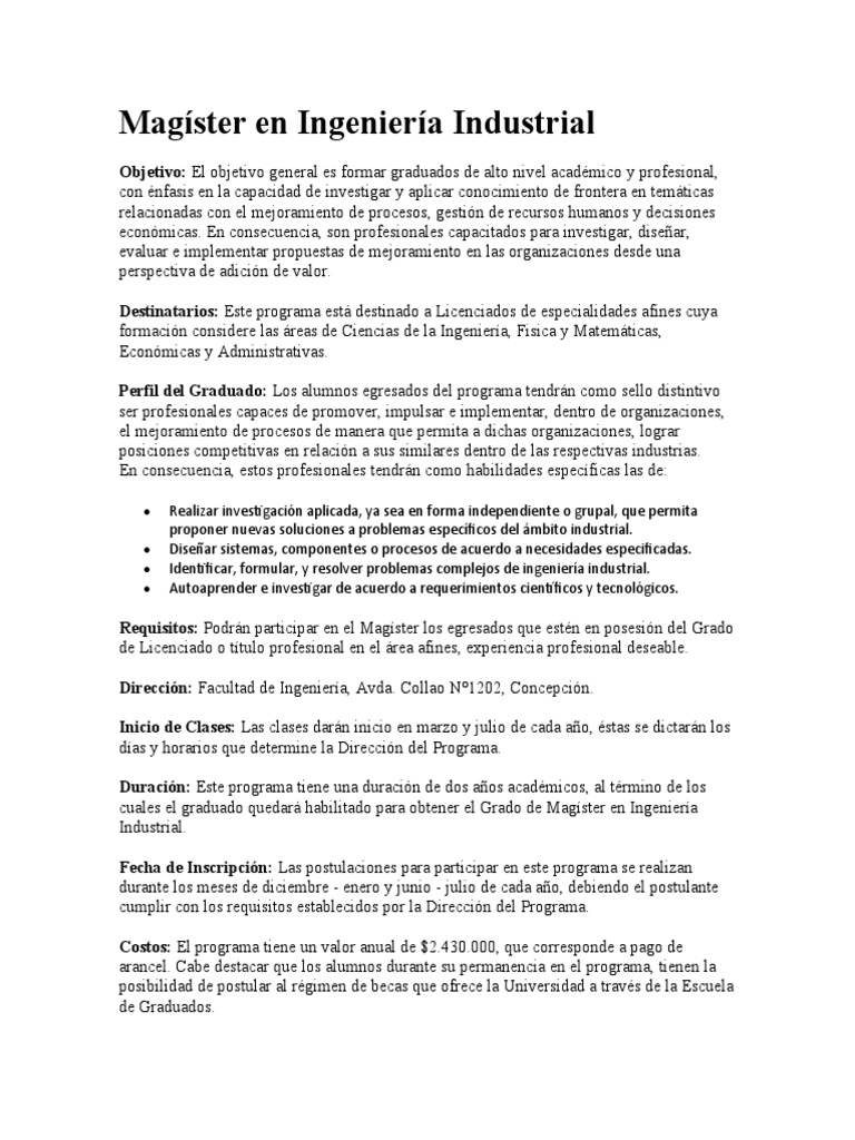 Magíster En Ingeniería Industrial Pdf Ingeniería Licenciatura