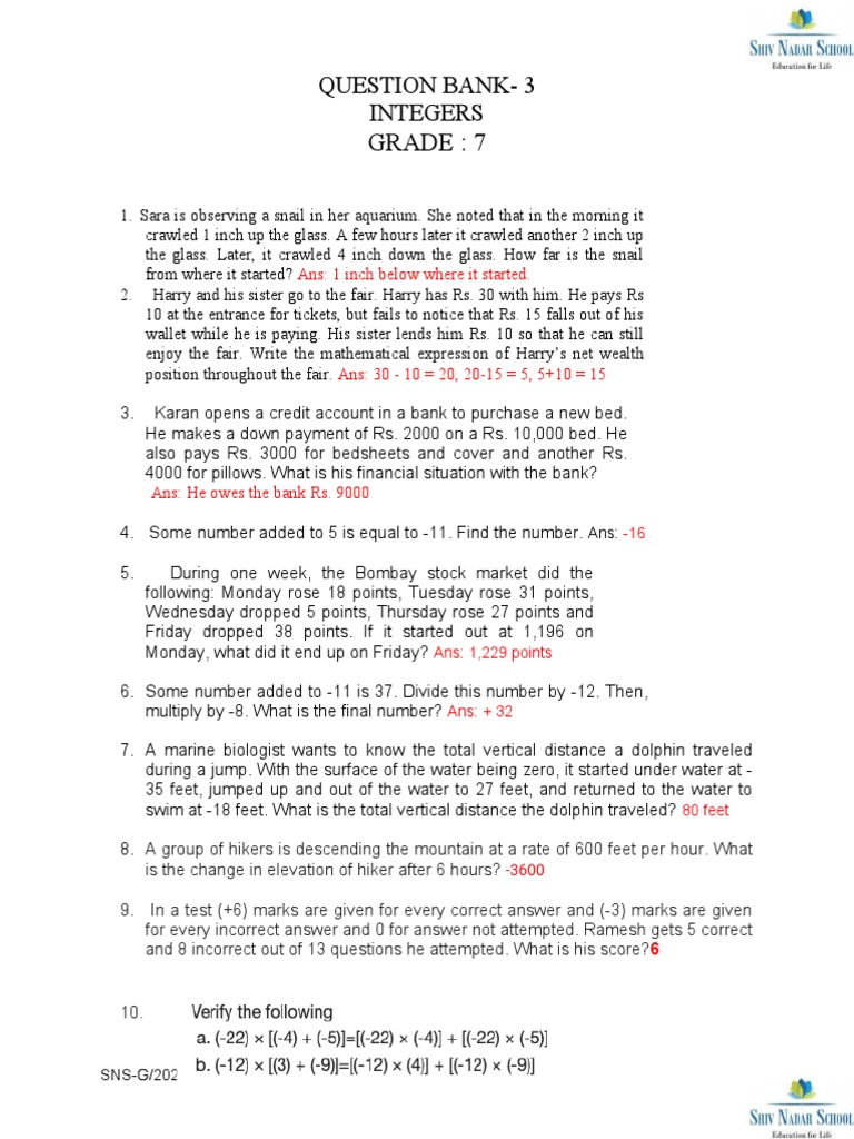 5 QB3-INTEGERS - G7-Answer Key | PDF | Money | Economies