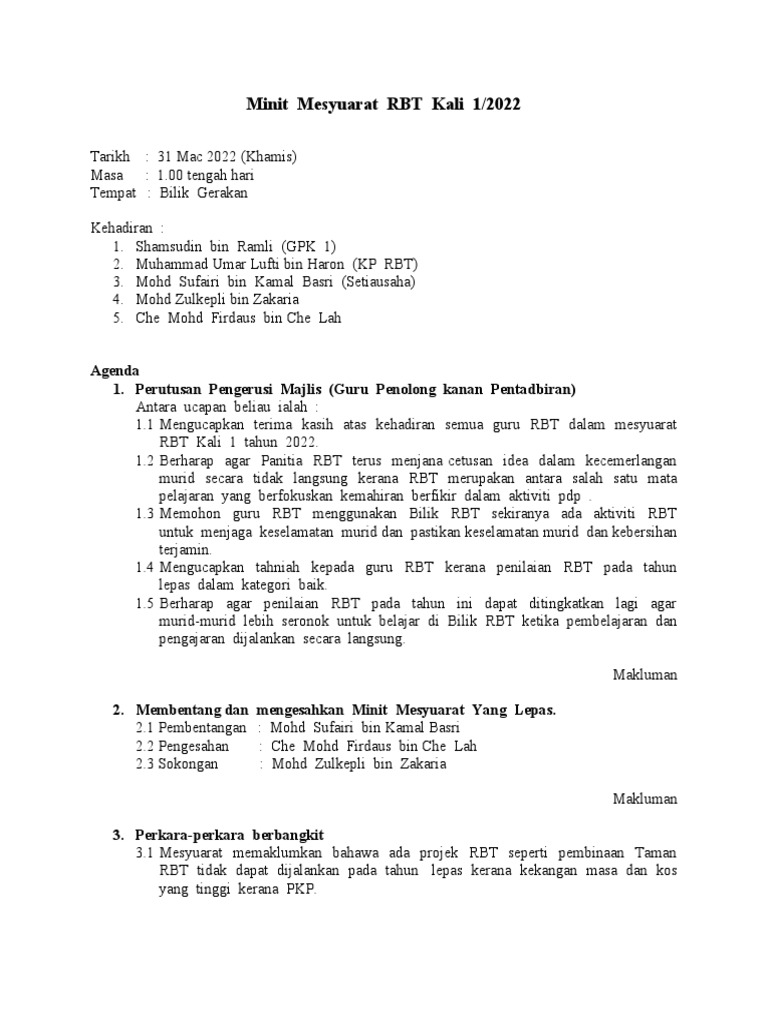 Contoh Minit Mesyuarat Kali Pertama Panitia | PDF