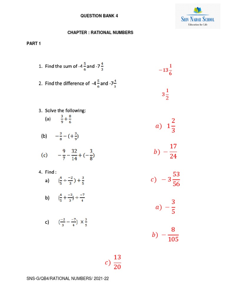Rational Numbers Question Bank 2021-22 | PDF | Algebra | Mathematical ...