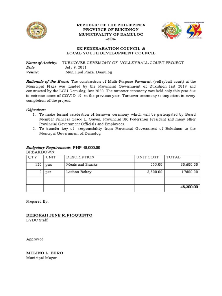 Activity Design (Turnover Ceremony Volleyball Court) | PDF