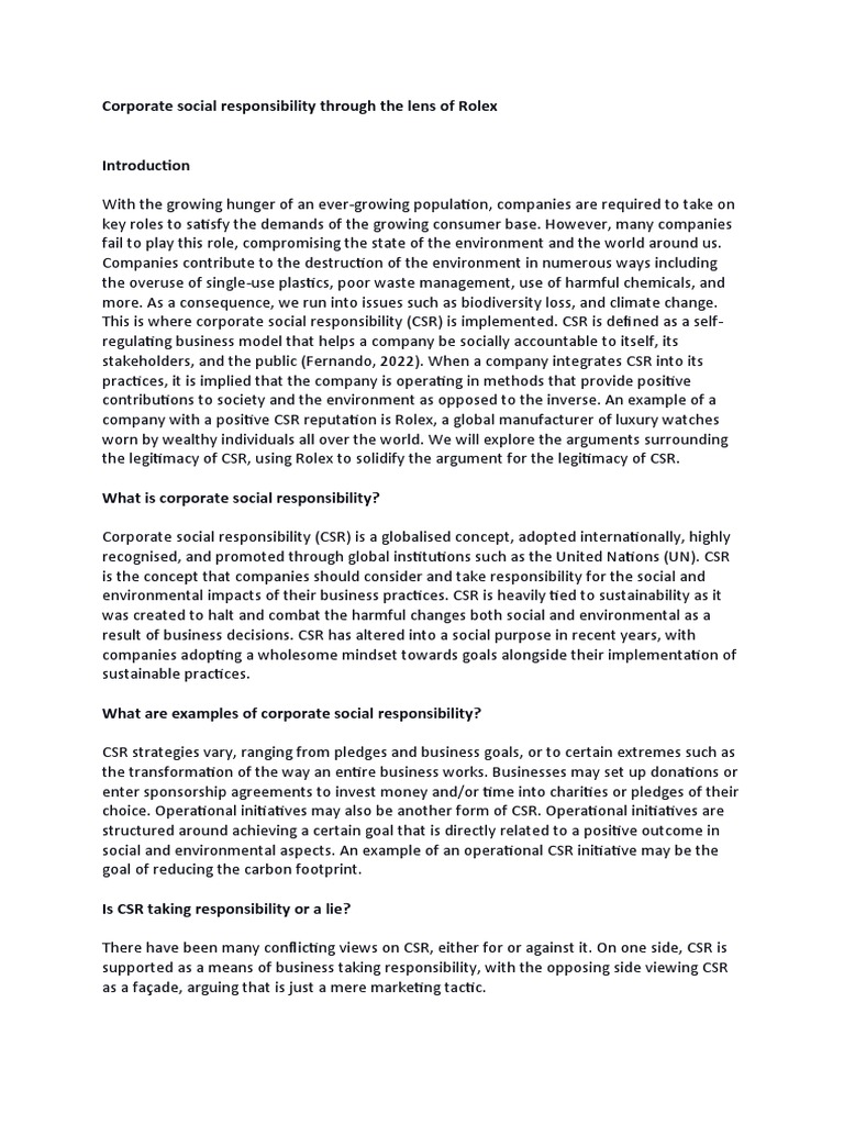 Corporate Social Responsibility Through The Lens of Rolex | PDF ...
