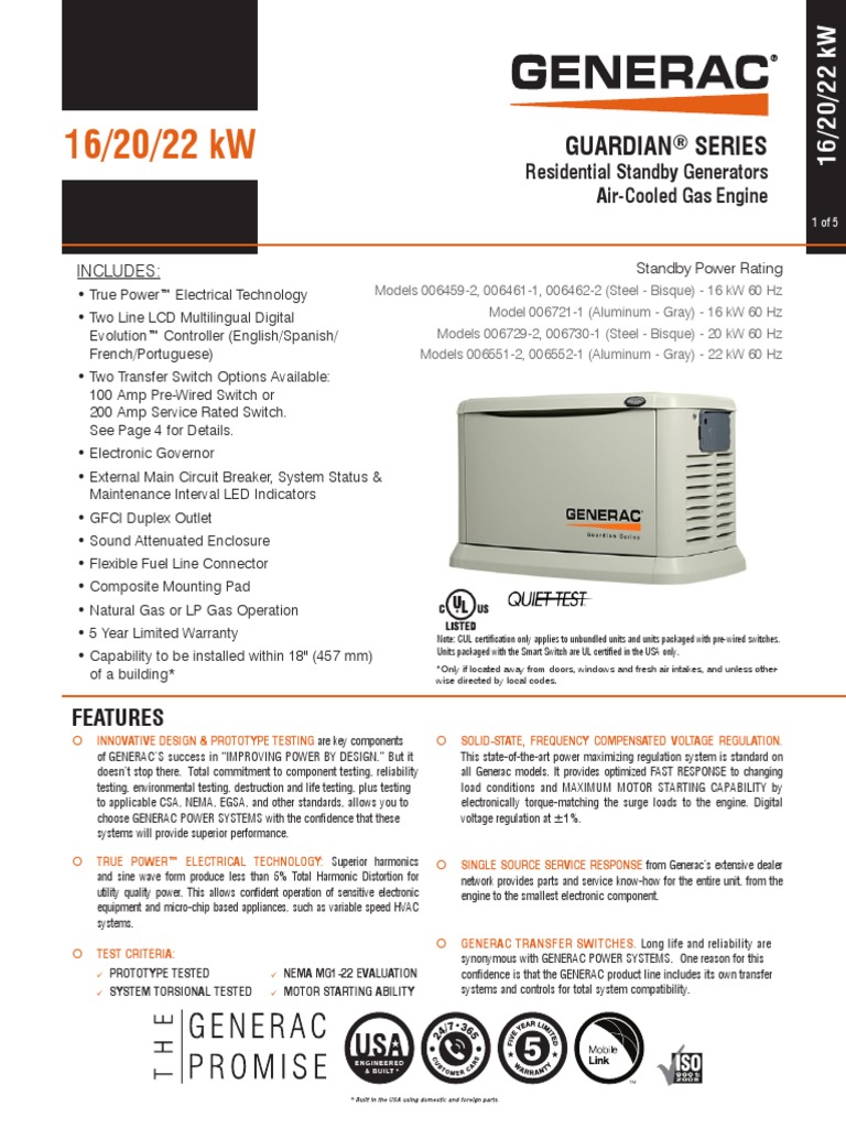 16-22kw Gaurdian Spec Sheet | PDF | Battery Charger | Electric Generator