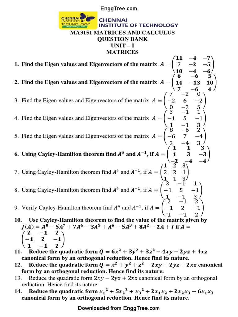 MA3151 Matrices and Calculus Question Bank 1 | PDF | Eigenvalues And ... MA3151 Matrices and Calculus Question Bank 1 | PDF | Eigenvalues And ...