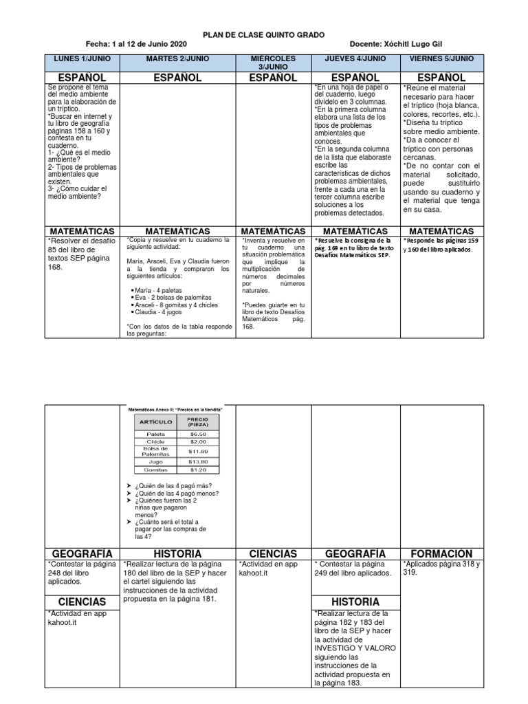 PLAN DE CLASE QUINTO GRADO 1 Al 12 de Junio | PDF | Ambiente natural global | Naturaleza