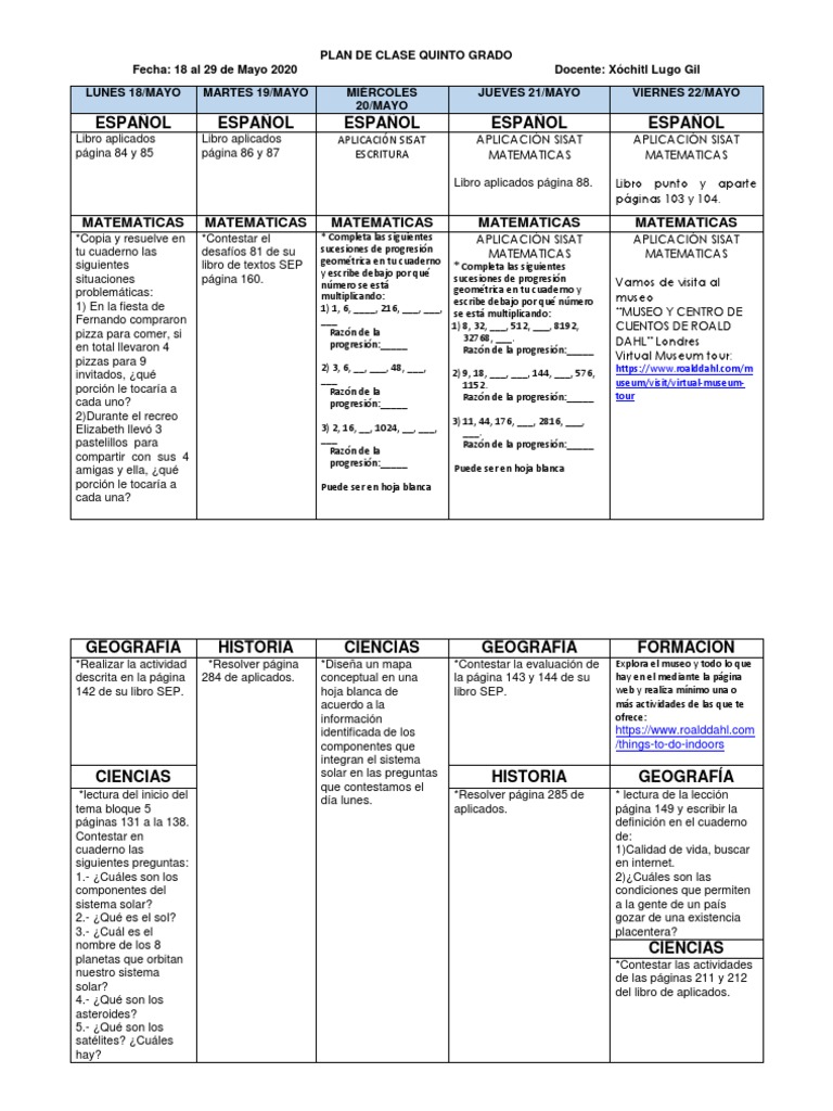 PLAN DE CLASE QUINTO GRADO 18 Al 29 de Mayo | PDF | Espacio exterior | Cuerpos del sistema solar