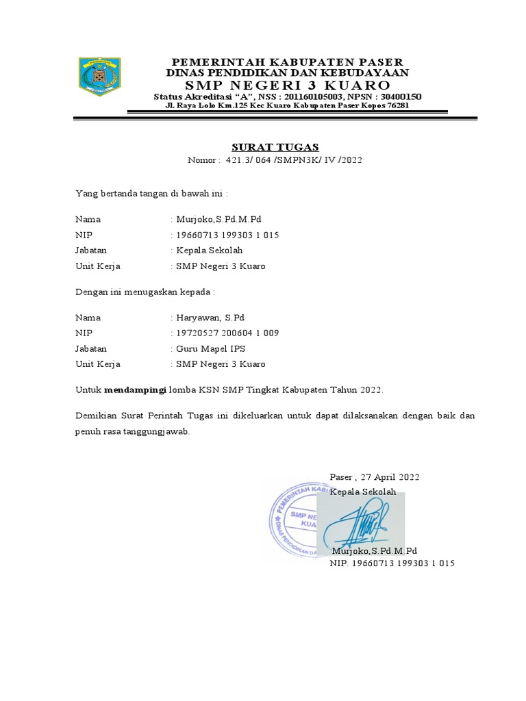 Surat Tugas Lomba KSN SMP 2022 | PDF