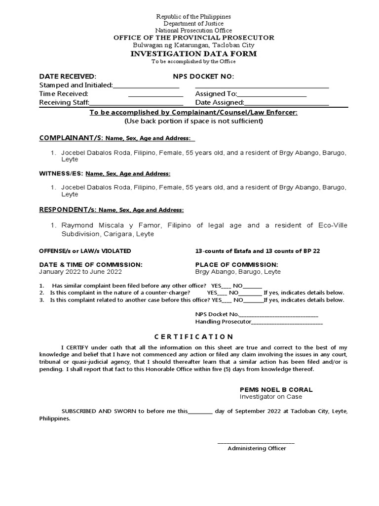 Investigation Data Form (IDF) | PDF | Complaint | Prosecutor