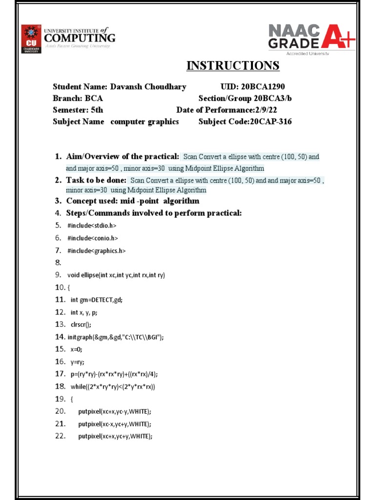 20BCA1290 Computer Graphics Worsheet1.4 | PDF | Teaching Methods ...