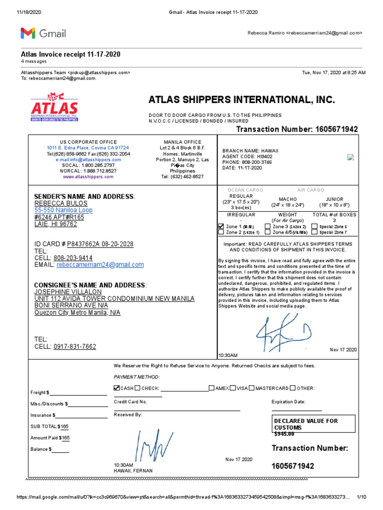 Gmail - Atlas Invoice Receipt 11-17-2020 | PDF | Freight Transport ...