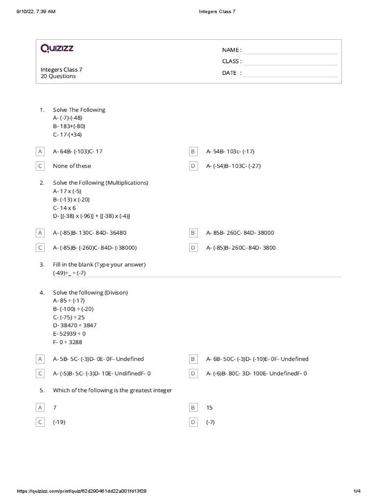 Integers Class 7 | PDF | Multiplication | Integer