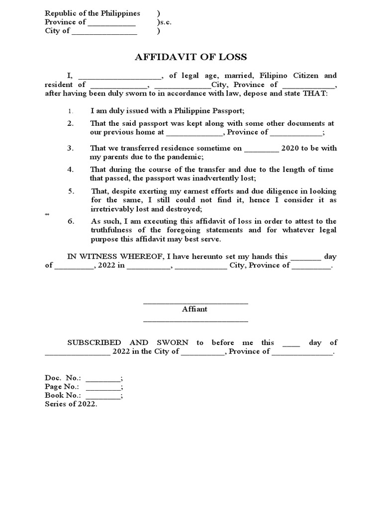 Affidavit of Loss Passport Pro Forma | PDF