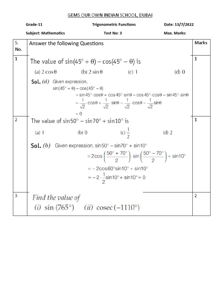 Trigonometric Functions Answer Key | PDF