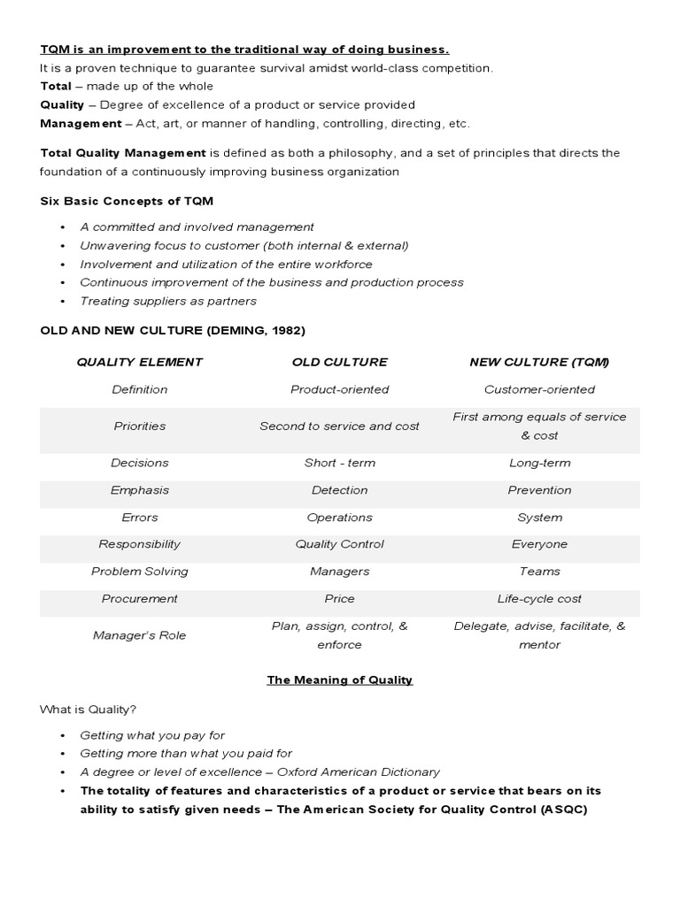 TQM Reviewer | PDF | Quality (Business) | Quality Management