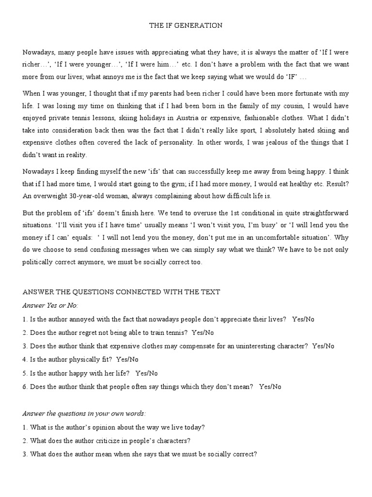 THE IF GENERATION b2 Reading + Vocab CONDITIONALS | PDF