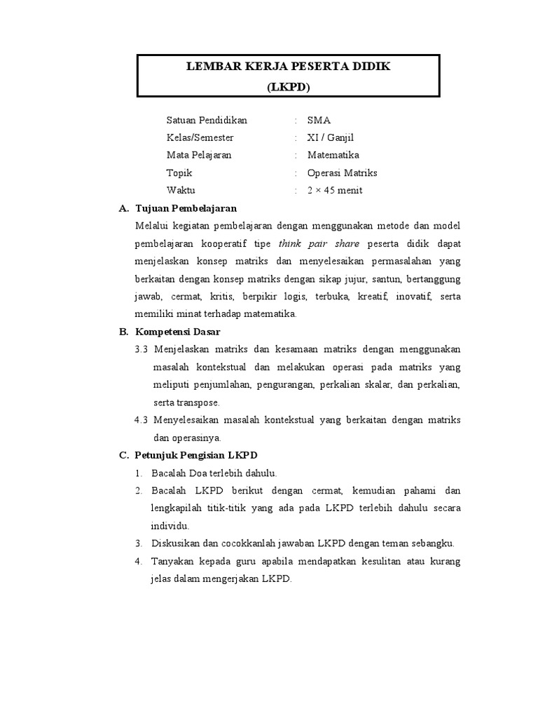 LKPD 3 (Operasi Penjumlahan, Pengurangan, Dan Perkalian Skalar Matriks ...