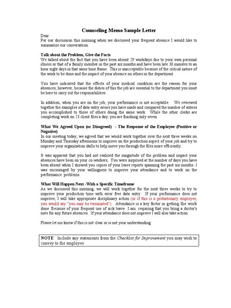 Counseling Memo Sample Letter: Talk About The Problem, Give The Facts ...